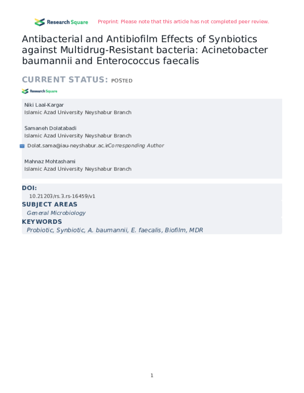(PDF) Antibacterial and Antibiofilm Effects of Synbiotics against Multidrug-Resistant bacteria ...
