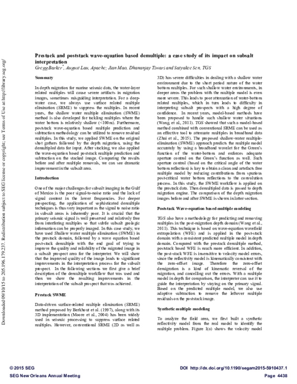 (PDF) Prestack and poststack wave-equation based demultiple: a case study of its impact on ...