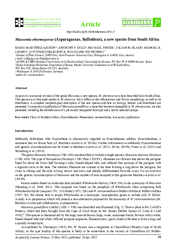 (PDF) Massonia obermeyerae (Asparagaceae, Scilloideae), a new species ...