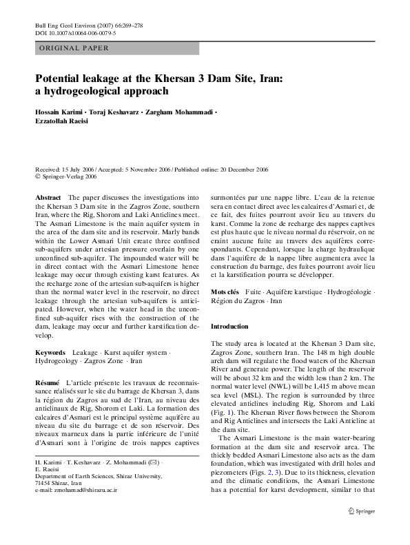 (PDF) Potential leakage at the Khersan 3 Dam Site, Iran: a ...