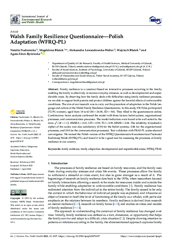(PDF) Walsh Family Resilience Questionnaire—Polish Adaptation (WFRQ-PL)