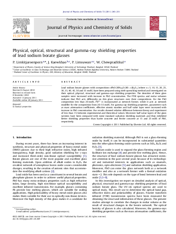 (PDF) Physical, optical, structural and gamma-ray shielding properties ...