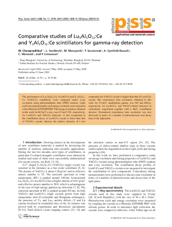 (PDF) Comparative studies of Lu3 Al5 O12 :Ce and Y3 Al5 O12 :Ce ...