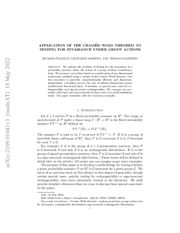 (PDF) Application of the Cram\'er-Wold theorem to testing for ...