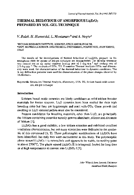 (PDF) Thermal behaviour of amorphous Li2ZrO3 prepared by sol-gel ...