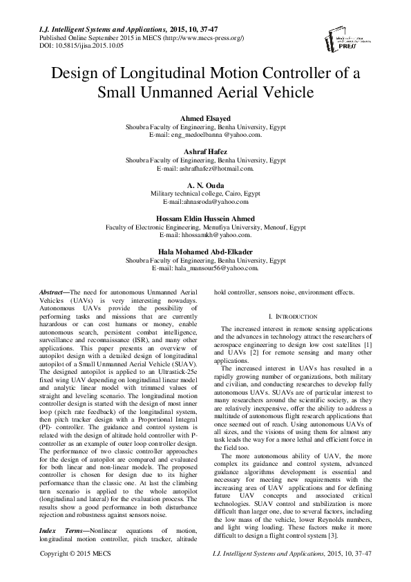 (PDF) Design of Longitudinal Motion Controller of a Small Unmanned Aerial Vehicle