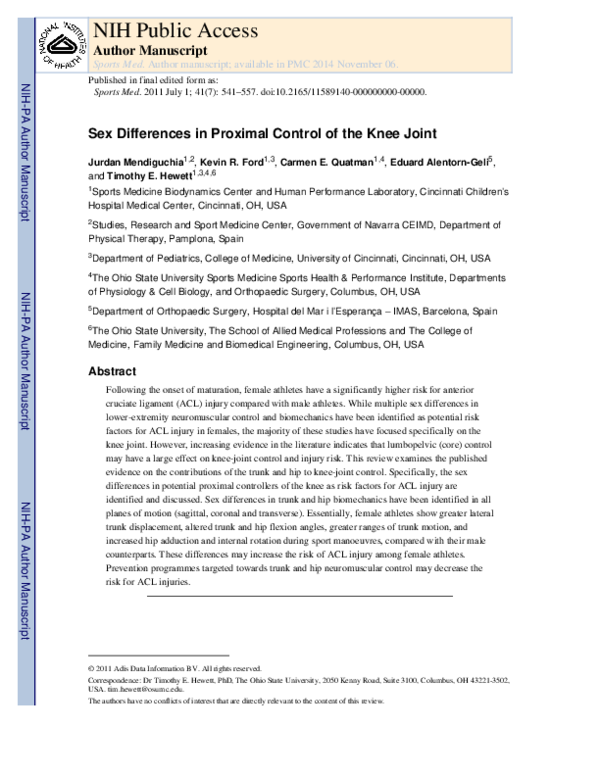 Pdf Sex Differences In Proximal Control Of The Knee Joint