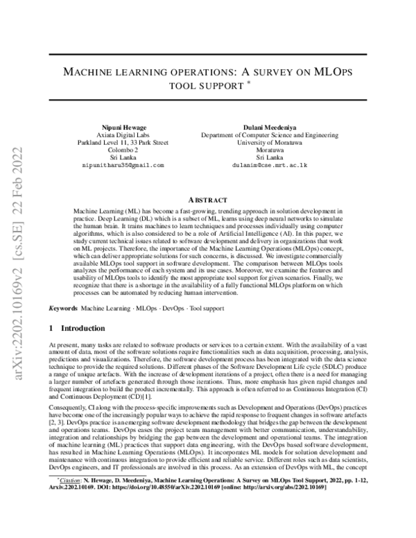 (PDF) Machine Learning Operations: A Survey on MLOps Tool Support