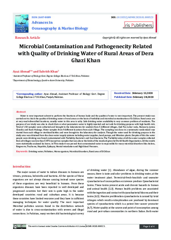 (PDF) Microbial Contamination and Pathogenecity Related with Quality of Drinking Water of Rural ...