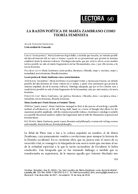 (PDF) vol.28 (2022) Ana B. Verdugo González LA RAZÓN POÉTICA DE MARÍA ...