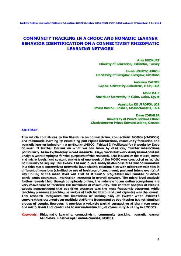 (PDF) COMMUNITY TRACKING IN A cMOOC AND NOMADIC LEARNER BEHAVIOR IDENTIFICATION ON A ...