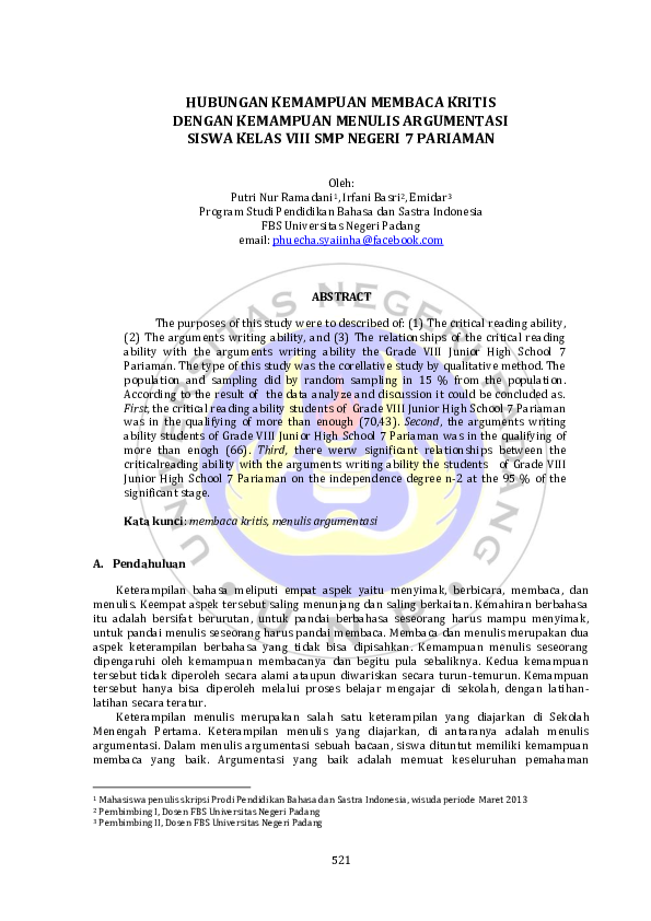 (PDF) Hubungan Kemampuan Membaca Kritis Dengan Kemampuan Menulis Argumentasi Siswa Kelas VIII ...
