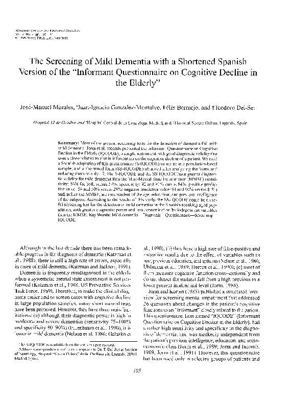 Pdf The Screening Of Mild Dementia With A Shortened Spanish Version