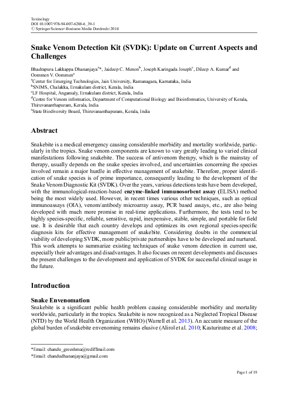(PDF) Snake Venom Detection Kit (SVDK): Update on Current Aspects and ...