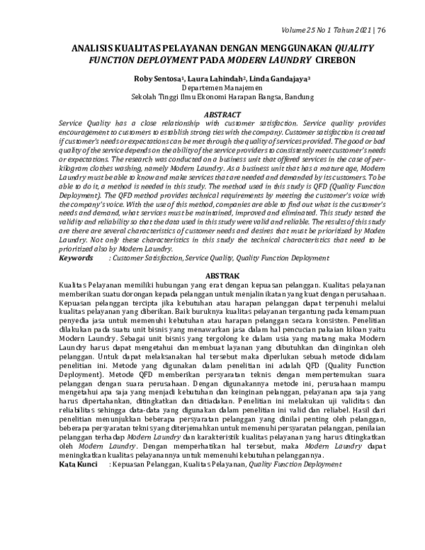 (PDF) Analisis Kualitas Pelayanan Dengan Menggunakan Quality Function Deployment Pada Modern ...