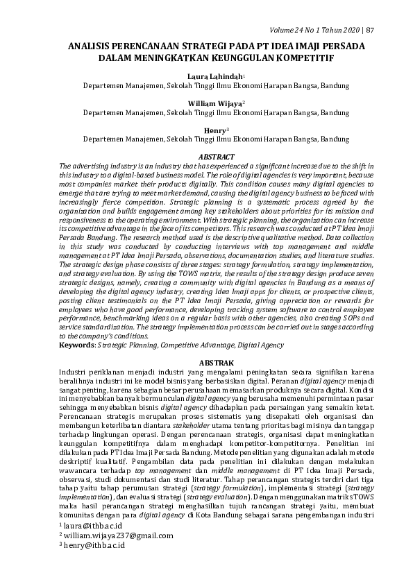(PDF) Analisis Perencanaan Strategi Pada PT Idea Imaji Persada Dalam ...