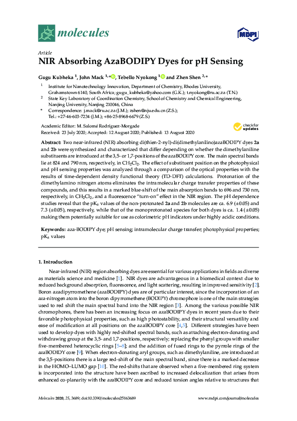 (PDF) NIR Absorbing AzaBODIPY Dyes for pH Sensing