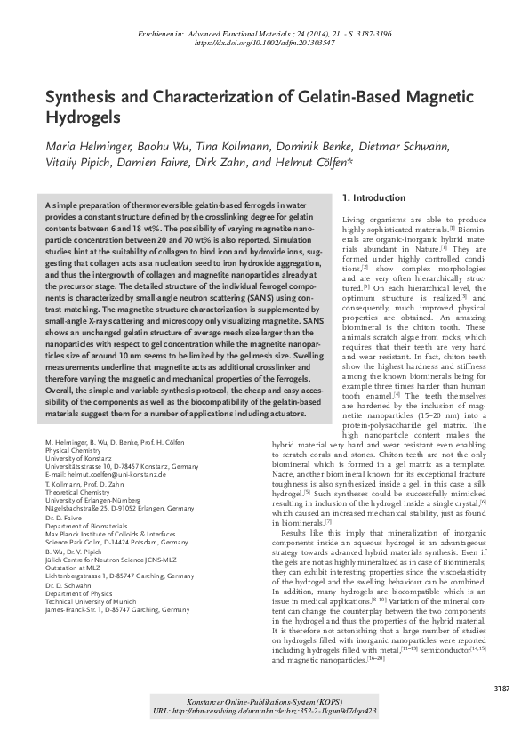 (PDF) Synthesis and Characterization of Gelatin‐Based Magnetic Hydrogels | Dietmar Schwahn ...