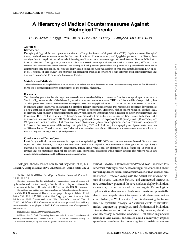 (PDF) A Hierarchy of Medical Countermeasures Against Biological Threats