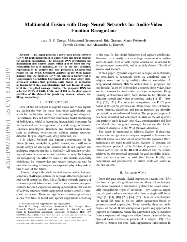 Pdf Multimodal Fusion With Deep Neural Networks For Audio Video Emotion Recognition
