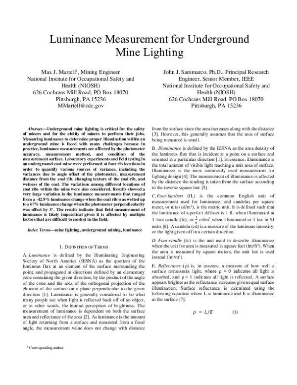 (PDF) Luminance measurement for underground mine lighting | john ...