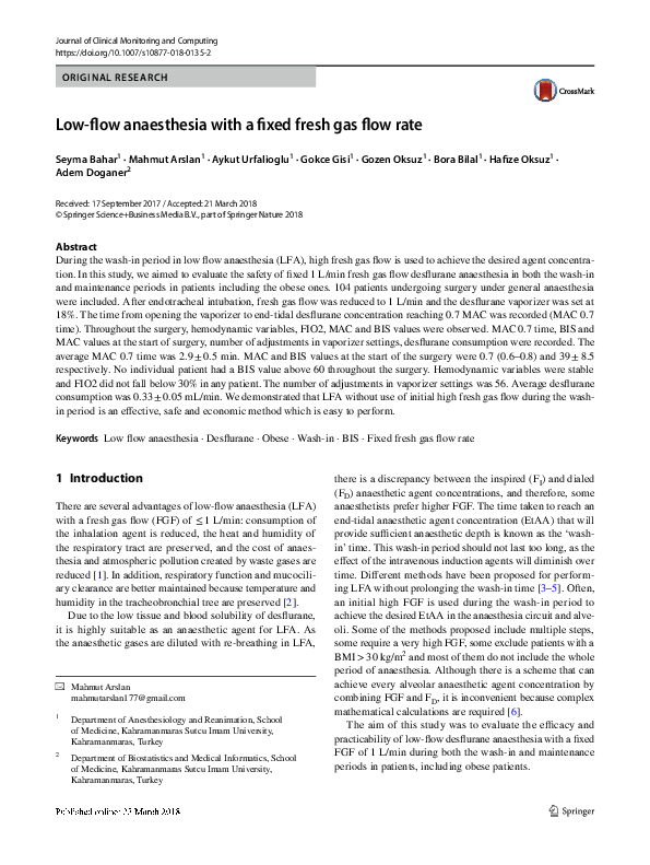 (PDF) Low-flow anaesthesia with a fixed fresh gas flow rate | gökçe ...