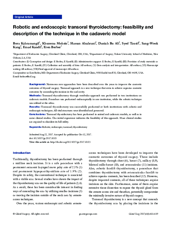(PDF) Robotic and endoscopic transoral thyroidectomy: feasibility and ...
