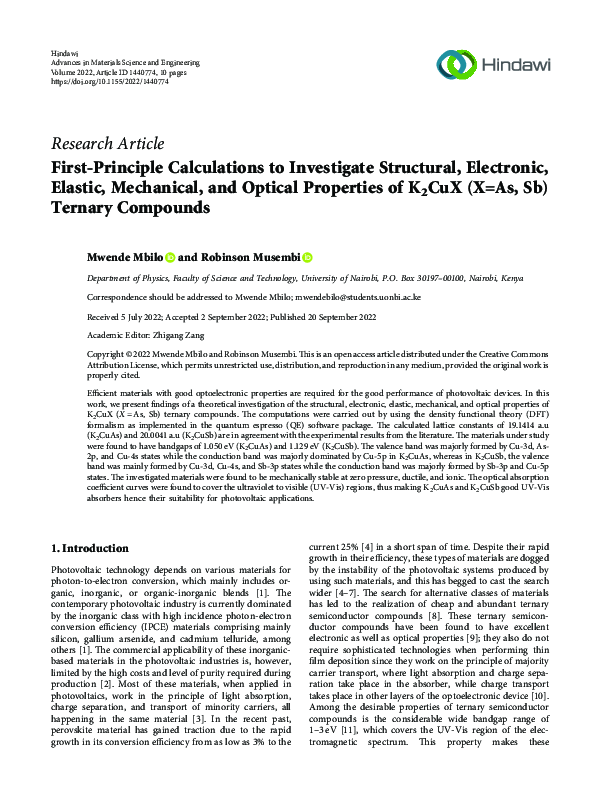 (PDF) First-Principle Calculations to Investigate Structural, Electronic, Elastic, Mechanical ...