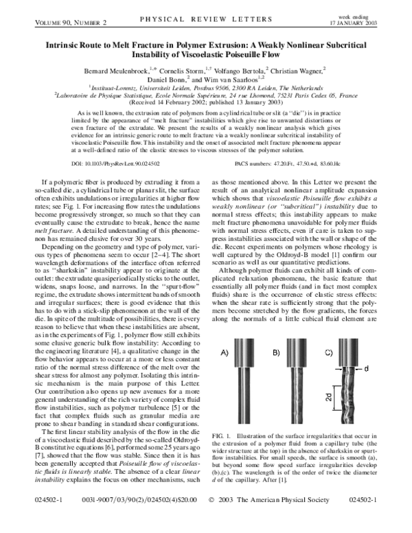 (PDF) Intrinsic route to melt fracture in polymer extrusion: A weakly nonlinear subcritical ...