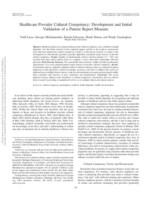 (PDF) Healthcare provider cultural competency: Development and initial validation of a patient ...