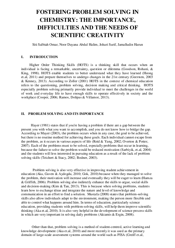 (PDF) Fostering problem solving in chemistry: the importance, difficulties and the needs of ...