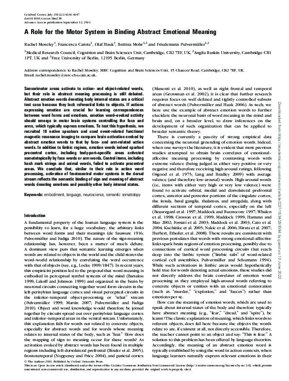 (PDF) A Role for the Motor System in Binding Abstract Emotional Meaning