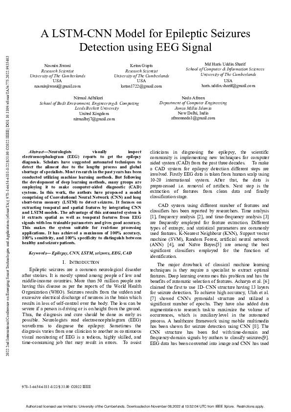 Pdf A Lstm Cnn Model For Epileptic Seizures Detection Using Eeg Signal Ketan Gupta