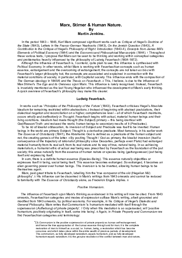 Marx Stirner the Human Essence
