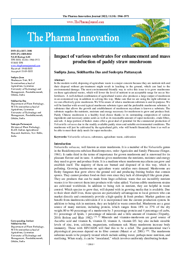 Pdf Impact Of Various Substrates For Enhancement And Mass Production Of Paddy Straw Mushroom