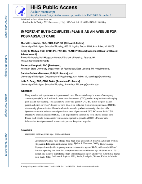 (PDF) Important but Incomplete: Plan B as an Avenue for Post-assault Care
