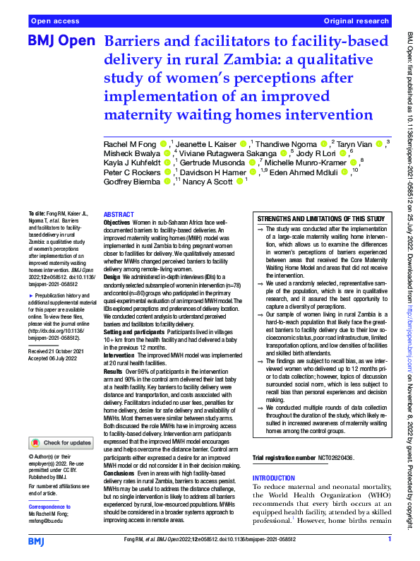 (PDF) Barriers and facilitators to facility-based delivery in rural Zambia: a qualitative study ...