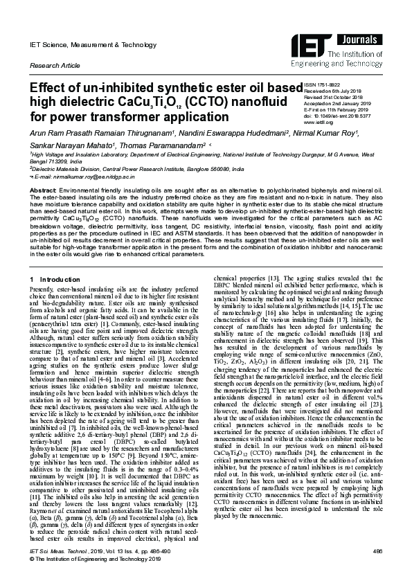 (PDF) Effect of un‐inhibited synthetic ester oil based high dielectric ...