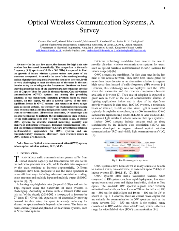(PDF) Optical Wireless Communication Systems, A Survey