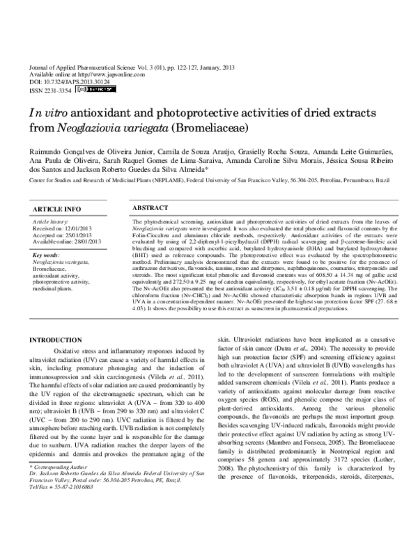 (PDF) In vitro antioxidant and photoprotective activities of dried extracts from Neoglaziovia ...