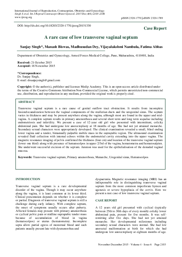 (PDF) A rare case of low transverse vaginal septum | Manash Biswas ...