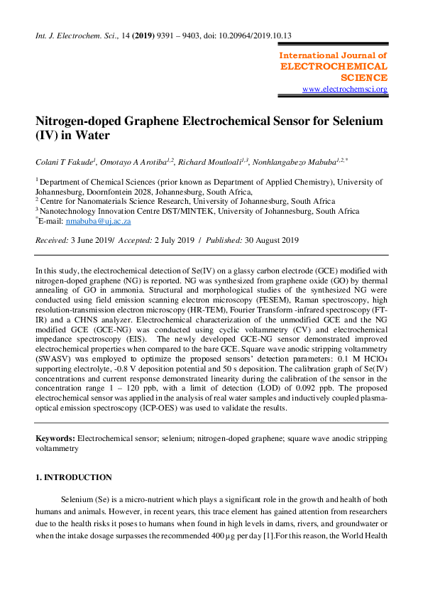 (PDF) Nitrogen-doped Graphene Electrochemical Sensor for Selenium (IV) in Water