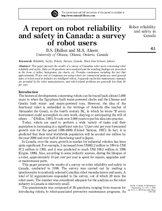 (PDF) A report on robot reliability and safety in Canada: a survey of ...