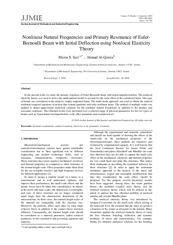 Nonlinear Natural Frequencies and Primary Resonance of Euler-Bernoulli ...