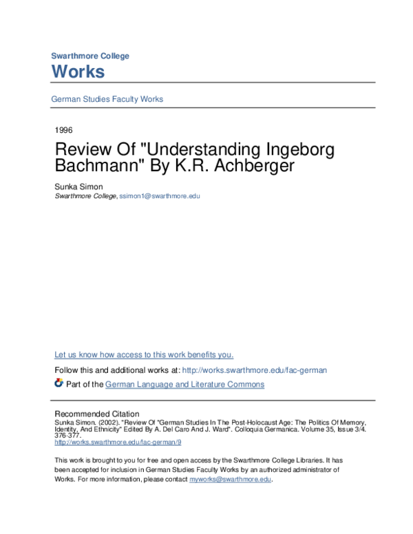 (PDF) Review Of Understanding Ingeborg Bachmann By K.R. Achberger