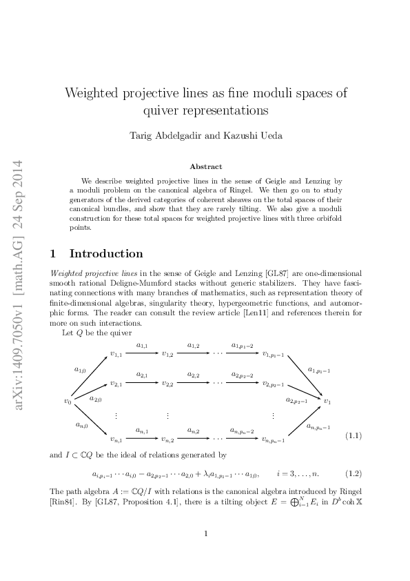 (PDF) Weighted Projective Lines as Fine Moduli Spaces of Quiver Representations | Tarig ...
