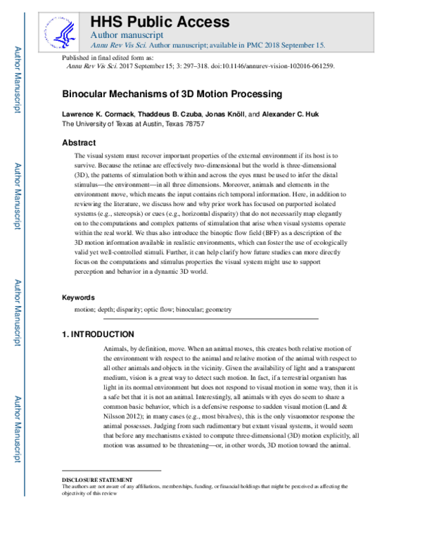 (PDF) Binocular Mechanisms of 3D Motion Processing
