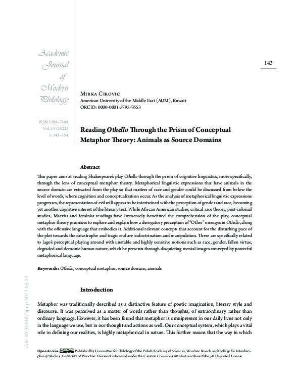 (PDF) Reading Othello Through the Prism of Conceptual Metaphor Theory; Animals as Source Domains