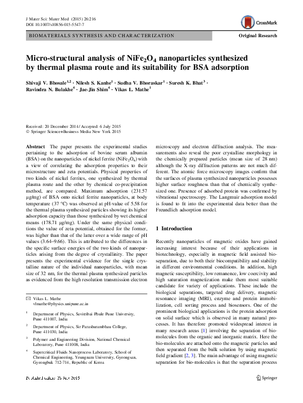 (PDF) NiFe2O4 Nanoparticles for BSA Adsorption Study