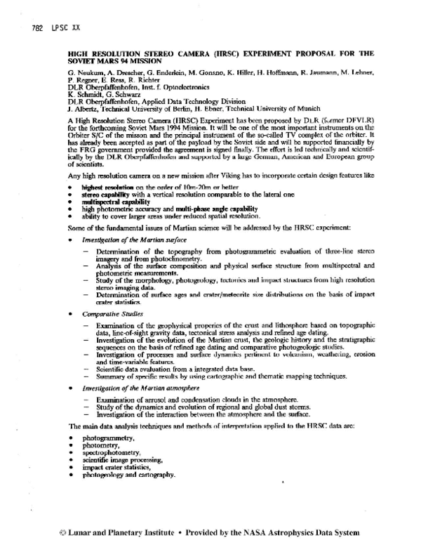 (PDF) High Resolution Stereo Camera (HRSC) Experiment Proposal for the ...